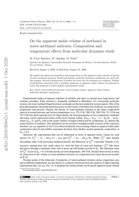 PDF On The Apparent Molar Volume Of Methanol In Water Methanol Mixtures Composition And