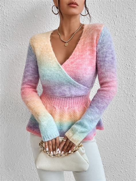 Camisolas Ombre Pescoço De Sobrepeliz Peplum Pano Roupas Roupas Femininas