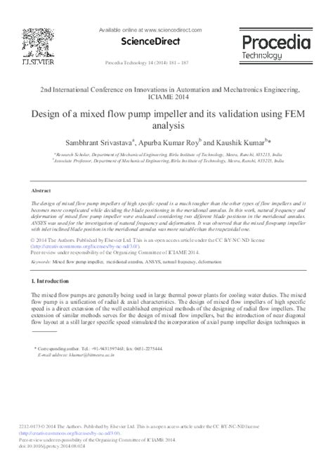 Pdf Design Of A Mixed Flow Pump Impeller And Its Validation Using Fem Analysis
