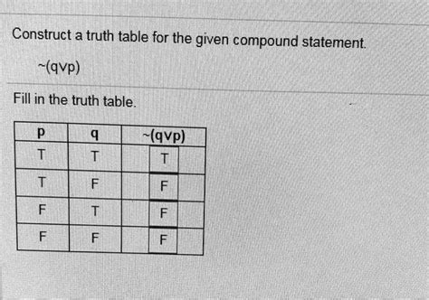 solved construct a truth table for the given compound statement q v p