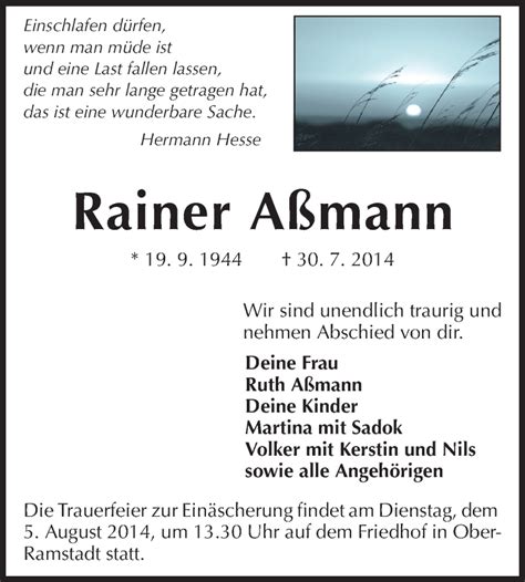 Traueranzeigen Von Rainer Aßmann Vrm Trauerde