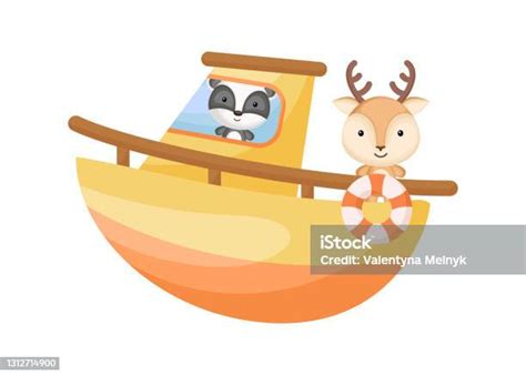 귀여운 작은 오소리와 사슴은 노란색 선박에 항해 어린이 책 앨범 베이비 샤워 인사말 카드 파티 초대장 집 인테리어를위한 만화 캐릭터 벡터 스톡 일러스트레이션입니다 0명에
