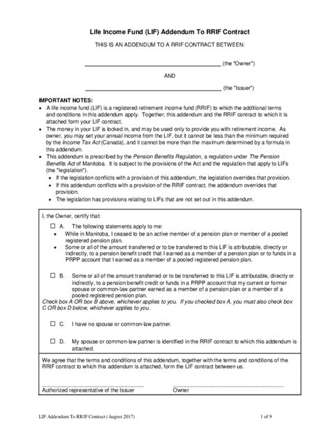 Fillable Online Fillable Online Life Income Fund Lif Addendum To Rrif