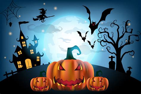 호박과 보름달 배경에서 좀비와 해피 할로윈 배경 간 계 또는 치료 할로윈 호박 만화 벡터 일러스트 레이 션을 조각 10월에 대한 스톡 벡터 아트 및 기타 이미지 Istock