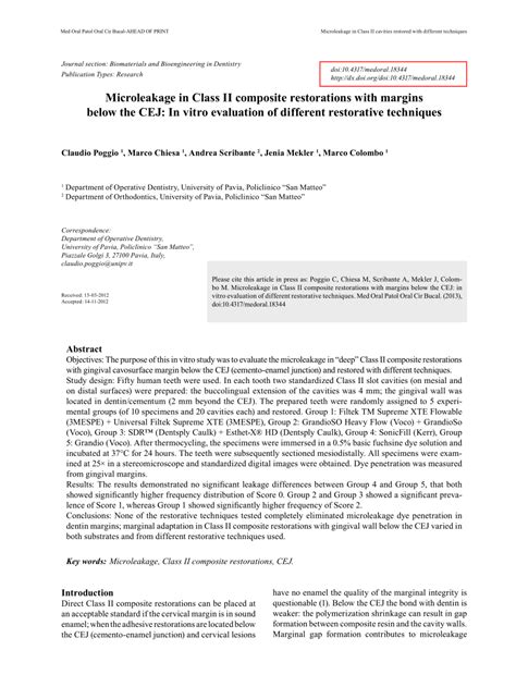 Pdf Microleakage In Class Ii Composite Restorations With Margins Below The Cej In Vitro