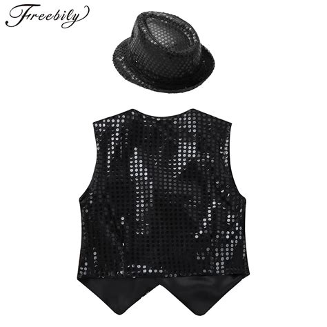 Kids Boys Jazz Dance Outfit Glittery Sequin Vest Waistcoat with Hat ...