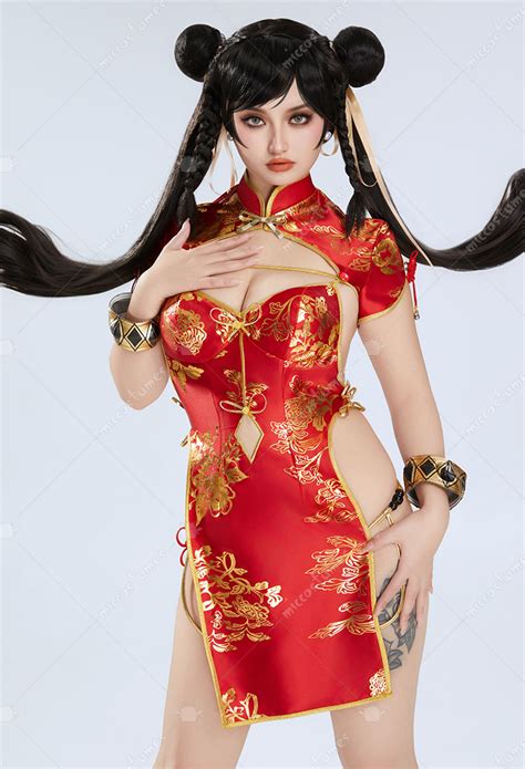 Women Chun Li Costume Sexy High Slit Red Cheongsam Dress And Top With Thong Bracelets Game