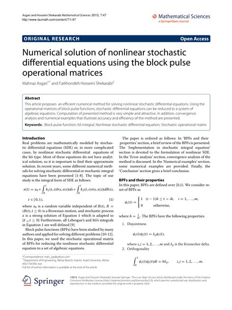 Pdf Numerical Solution Of Nonlinear Stochastic Differential Equations