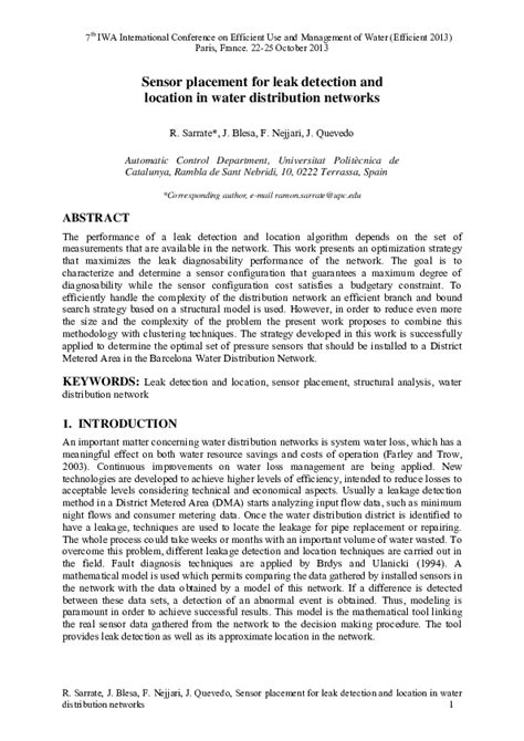 pdf sensor placement for leak detection and location in water