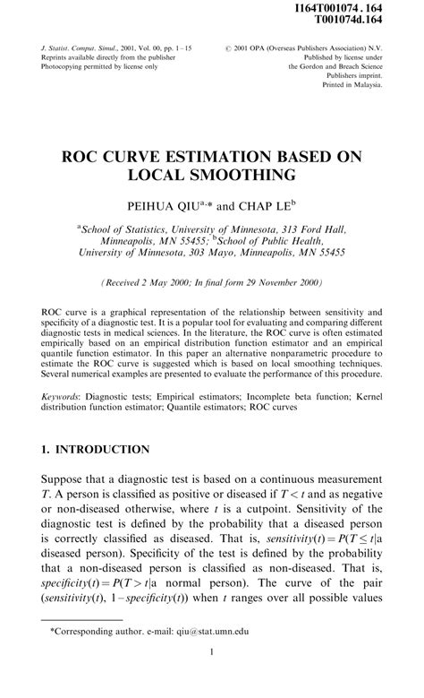 Pdf Roc Curve Estimation Based On Local Smoothing