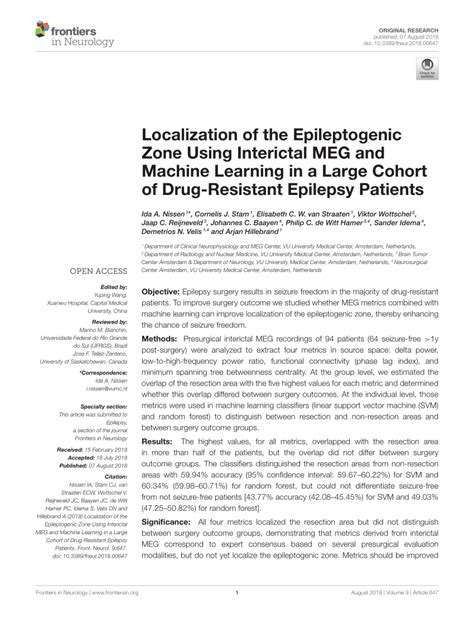 Pdf Localization Of The Epileptogenic Zone Using Interictal Meg And Machine Learning In A