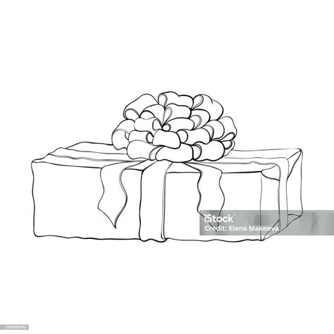 흰색 배경에 고립 된 아름다운 손으로 그린 선물 상자 무성한 활과 리본으로 그려진 라인 아이콘 감싼 선물 스케치 일러스트레이션