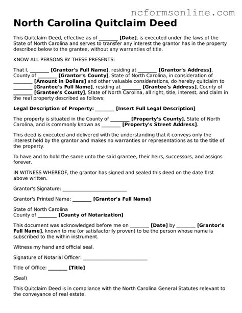Printable North Carolina Quitclaim Deed Form Nc Forms Online