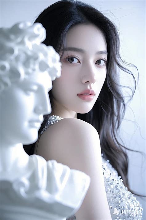 特写人像，亚洲模特，虚实结合，画中是一位肤色苍白、拥有飘逸头发发、发光的冷皮肤质感，身着闪亮白色连衣裙、灰色眼睛的女性，，甜美，看向观众，安静，纯白色背景， 1 花瓣网