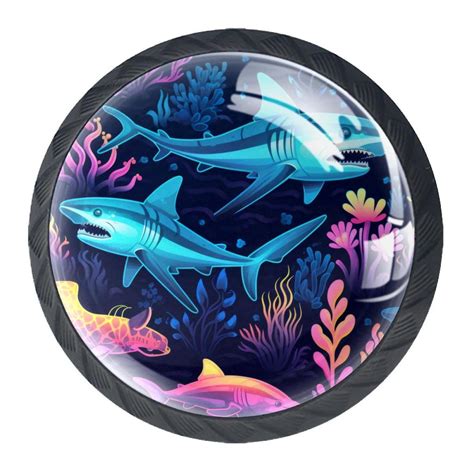 4 Pack Black Drawer Knobs Neon Sharks Sea Cabinet Knobs Round Glass Knobs For Kitchen Cabinet