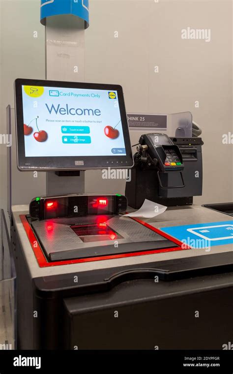 A Close Up Of A Self Service Checkout Inside A Lidl Supermarket Stock
