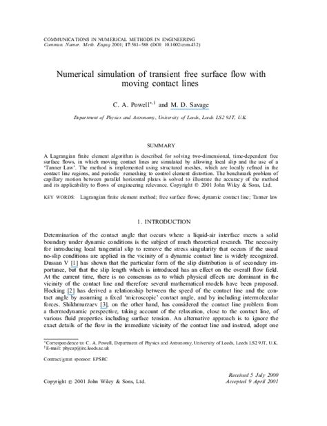 Pdf Numerical Simulation Of Transient Free Surface Flow With Moving Contact Lines