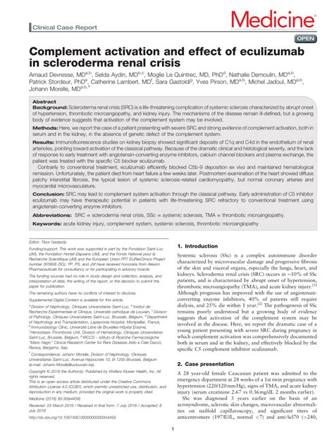 Pdf Complement Activation And Effect Of Eculizumab In Scleroderma