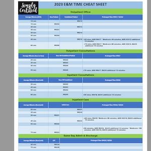 2023 E M Time Based Coding Cheat Sheet In Blue And Green Etsy