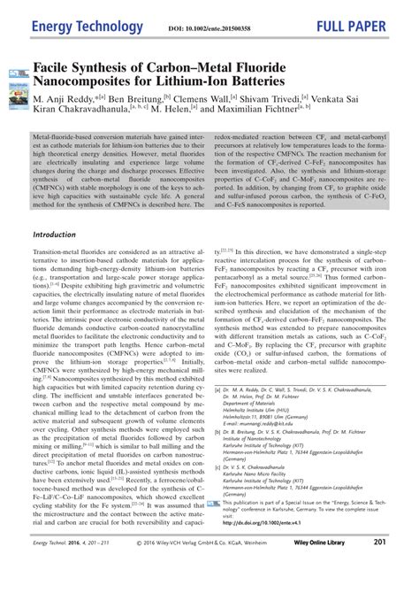 Pdf Facile Synthesis Of Carbon Metal Fluoride Nanocomposites For Lithium Ion Batteries