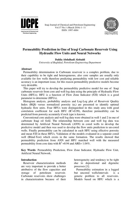 Pdf Permeability Prediction In One Of Iraqi Carbonate Reservoir Using