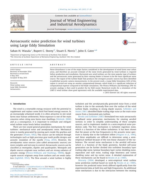 Pdf Aeroacoustic Noise Prediction For Wind Turbines Using Large Eddy