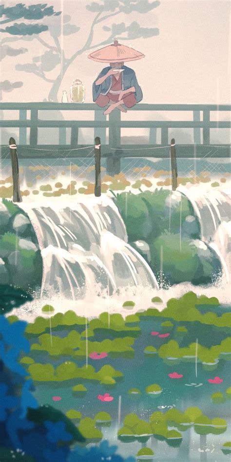 Обои на телефон Аниме Дождь Девочка Черные Волосы 1430533