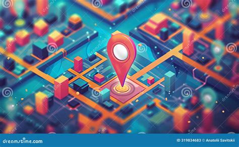 A Detailed Isometric Gps Map With A Navigation Pin Icon In The Center Representing Location