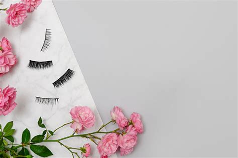 복사 공간이있는 배경에 눈 화장과 분홍색 꽃 장미를위한 거짓 속눈썹 0명에 대한 스톡 사진 및 기타 이미지 0명 개체 그룹 누워있기 Istock