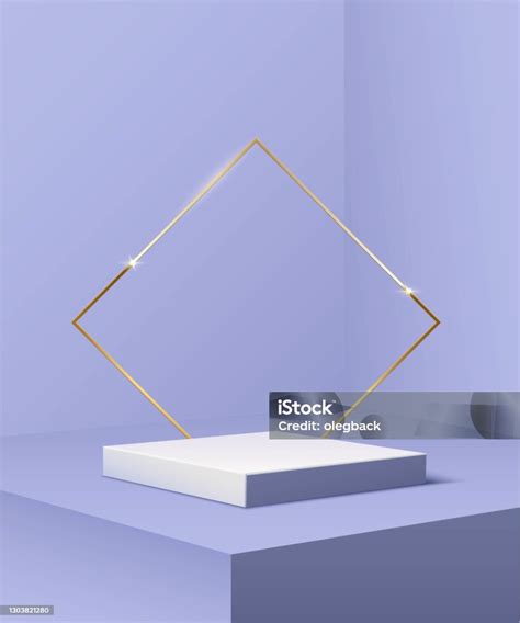 파란색 파스텔 배경에 서 있는 마름모꼴 프레임이 있는 스퀘어 골든 포디움 제품 벡터 일러스트레이션용 3d 받침대 반짝이는 채 로고를 빛나는 직사각형이 있는 골드 스테이지
