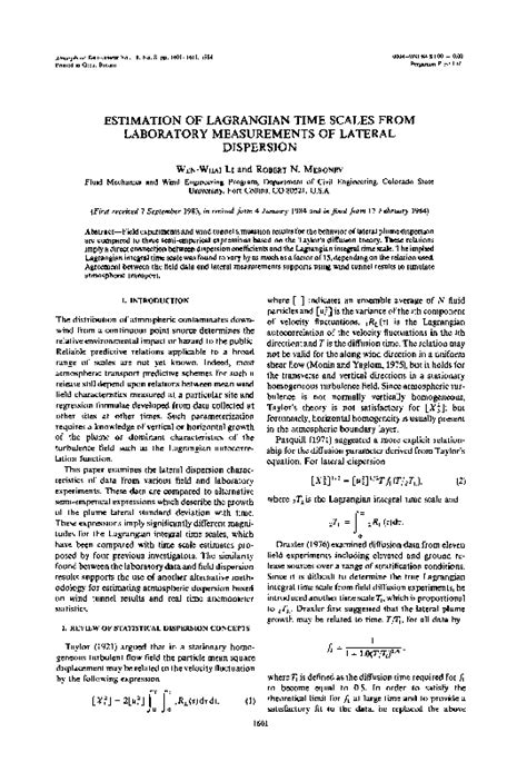 Pdf Estimation Of Lagrangian Time Scales From Laboratory Measurements