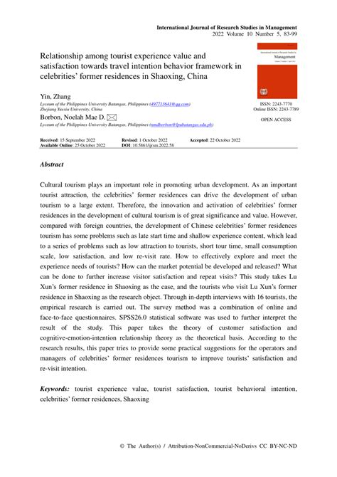 Pdf Relationship Among Tourist Experience Value And Satisfaction Towards Travel Intention