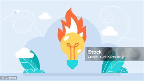 뜨거운 아이디어 새로운 아이디어 창의적 사고 브레인 스토밍 흥미로운 문제 해결 사업 아이디어 시작의 개념 빨간 불 아이콘이 있는 추상 노란색 전구 평면 벡터 그림 개념에