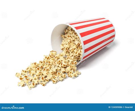 D Rendering Of A Round Striped Popcorn Bucket Lying On Its Side With Popcorn Spilling Out Of It