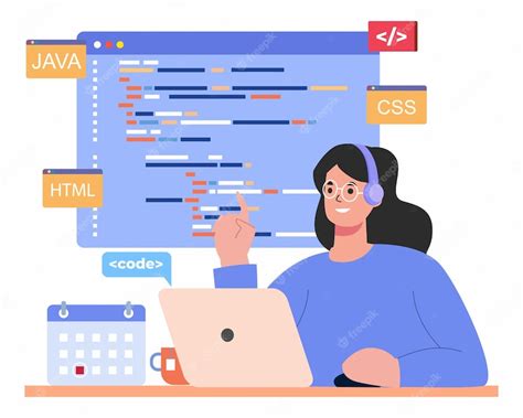 premium vector developer programming at computer creates software coding at laptop
