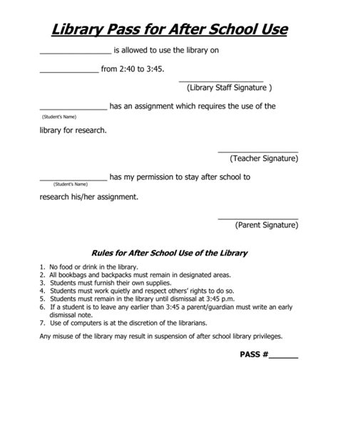 Library Pass For After School Use