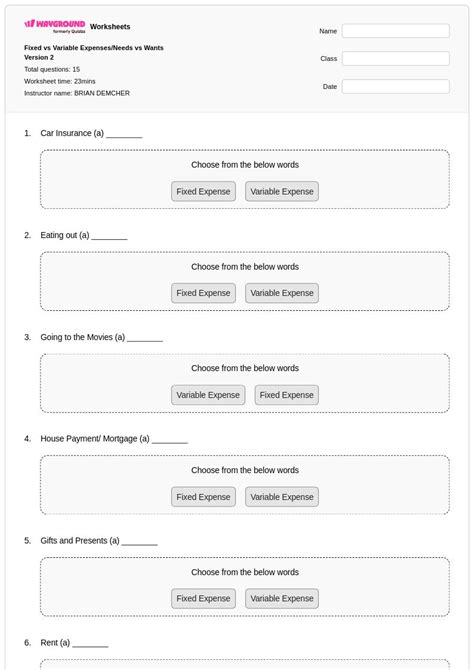 50 Fixed And Variable Expenses Worksheets For Grade 9 On Wayground
