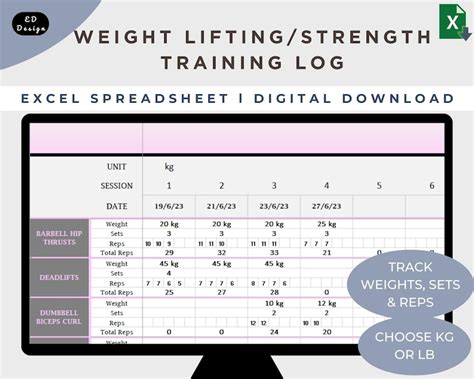 Weight Lifting Tracker Excel Spreadsheet Template Digital Strength Training Log Workout Gym