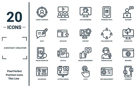 Content Creator 선형 아이콘 세트입니다 얇은 라인 대상 고객 블로그 온라인 기부 대시보드 댓글 콘텐츠 보고서 프레젠테이션 다이어그램 웹 디자인용 브라우저 아이콘