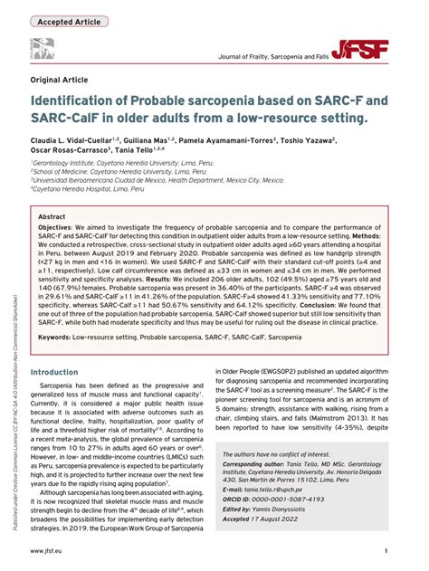 Pdf Identification Of Probable Sarcopenia Based On Sarc F And Sarc Calf In Older Adults From A