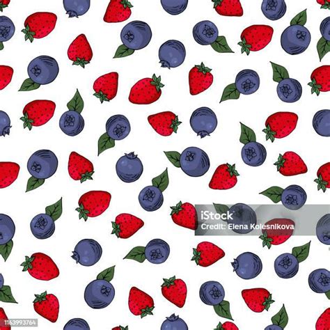 손으로 그린 빌베리 블루 베리 딸기와 잎 벡터 일러스트와 원활한 패턴 0명에 대한 스톡 벡터 아트 및 기타 이미지 0명