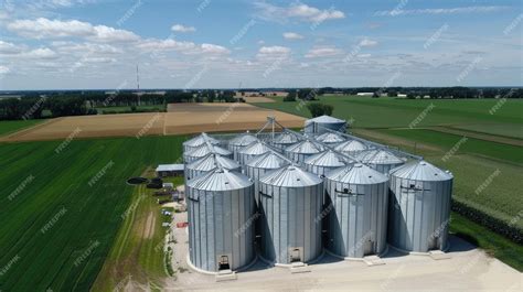 An Overhead View Of Grain Silos At An Industrial Farm With Blue Sky And