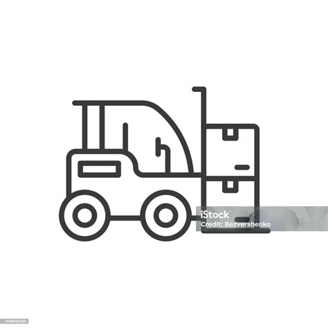 지게차 라인 아이콘입니다 지게차가 골판지 상자를 싣고 있는 아이콘입니다 지게차 취급 장비 벡터 기호 벡터 그림입니다 편집 가능한 획 교통수단에 대한 스톡 벡터 아트 및 기타