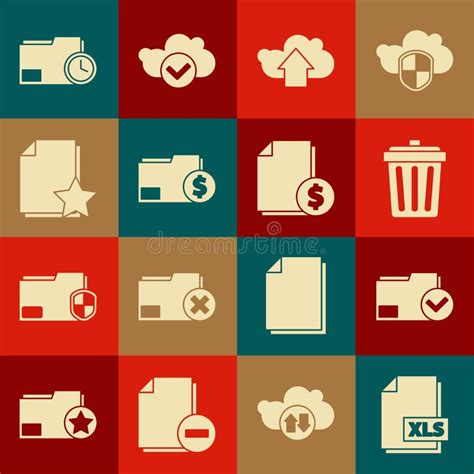 Set Xls File Document Document Folder And Check Mark Trash Can Cloud