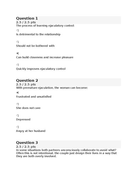 QUIZ Quiz Question Pts The Process Of Learning Ejaculatory Control Is