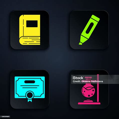 화재 책 인증서 템플릿 및 마커 펜에 유리 테스트 튜브 플라스크를 설정합니다 검은 색 사각형 버튼 벡터 거리표식에 대한 스톡 벡터 아트 및 기타 이미지 Istock