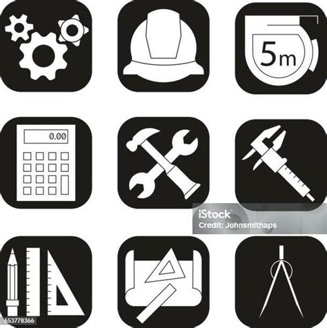 공학 아이콘 설정합니다 그리기 기어 헬멧 캘리퍼스 분배기 망치 렌치 측정 테이프 계산기 눈금자 기호로 연필 벡터 화이트 실루엣 검은 사각형에 그림 Fairground