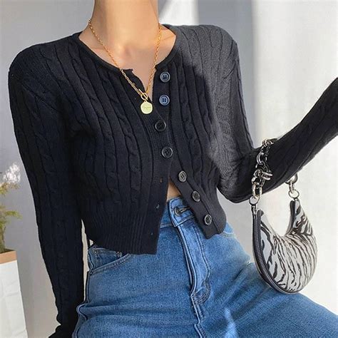 여성 라운드넥 꽈배기 케이블 크롭 니트 가디건