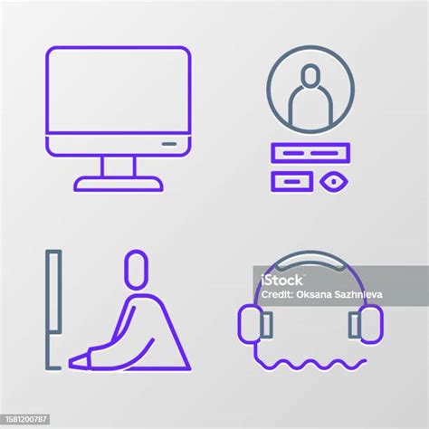 라인 헤드폰 노트북에서 작업하는 학생 계정 만들기 화면 및 컴퓨터 모니터 아이콘을 설정합니다 벡터 Brand Name Online Messaging Platform에 대한