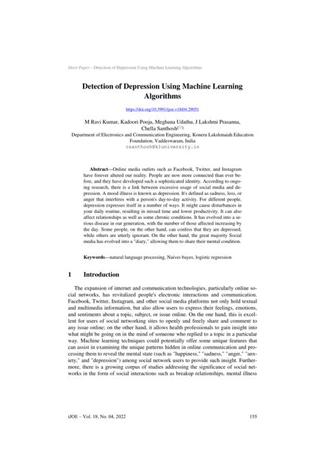 Pdf Detection Of Depression Using Machine Learning Algorithms